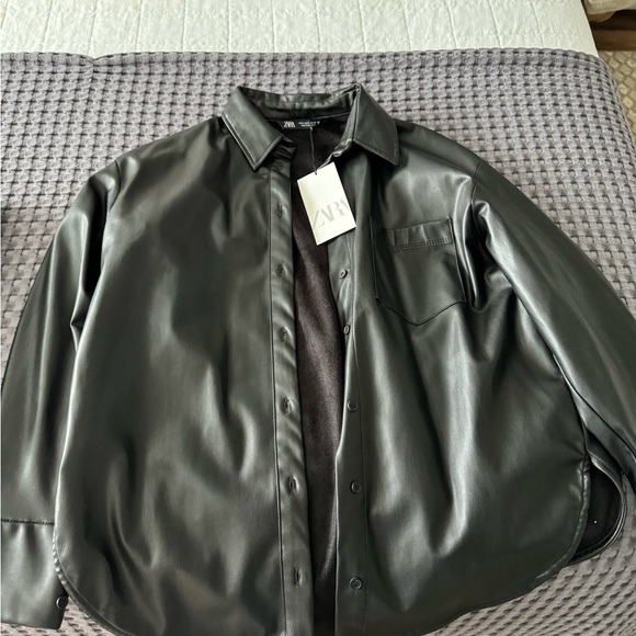 Zara | Jackets & Coats | Zara Oversized Leather Black Shacket Jacket ...